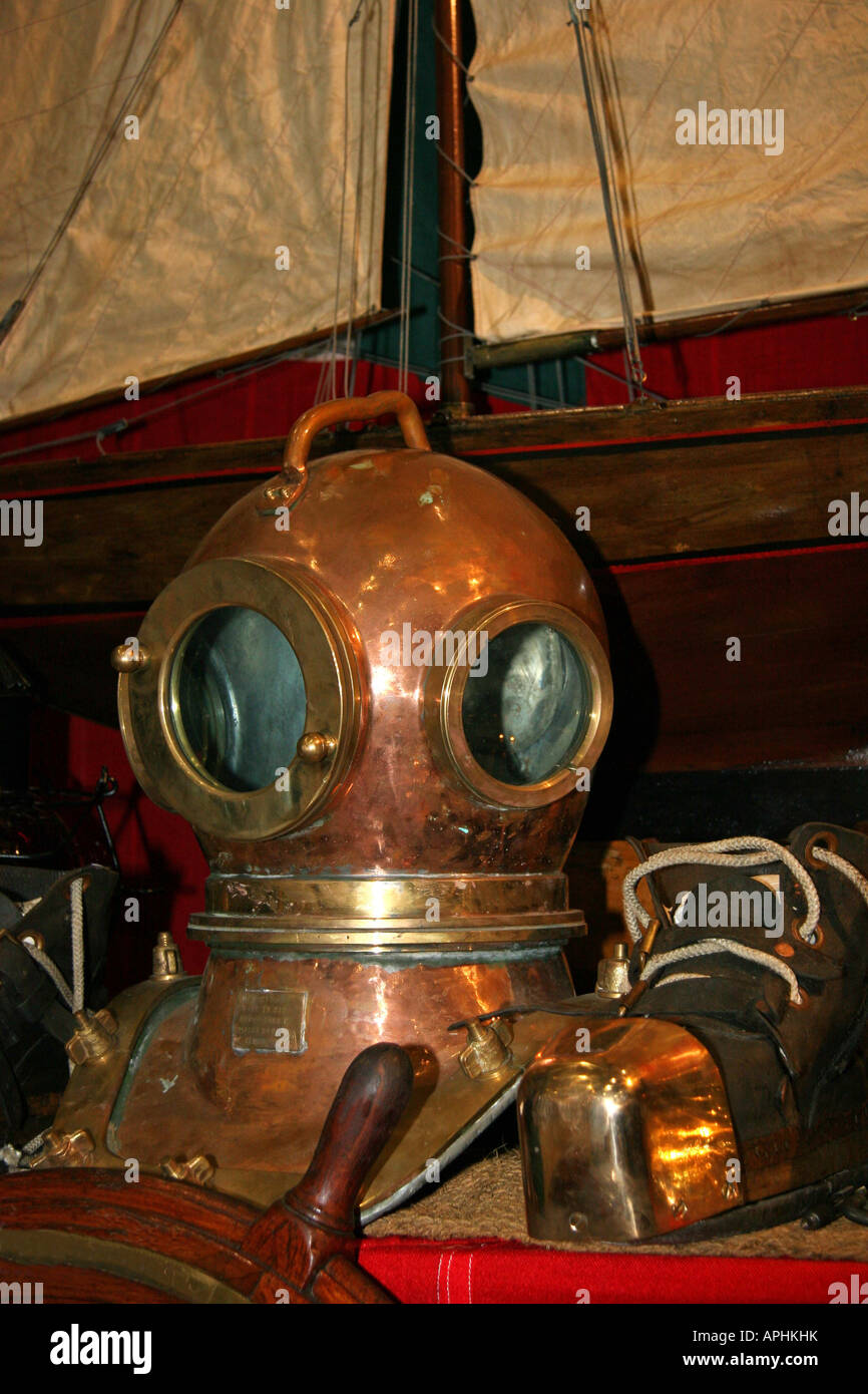 Stall with all things nautical, divers helnet and bootand and a ships ...