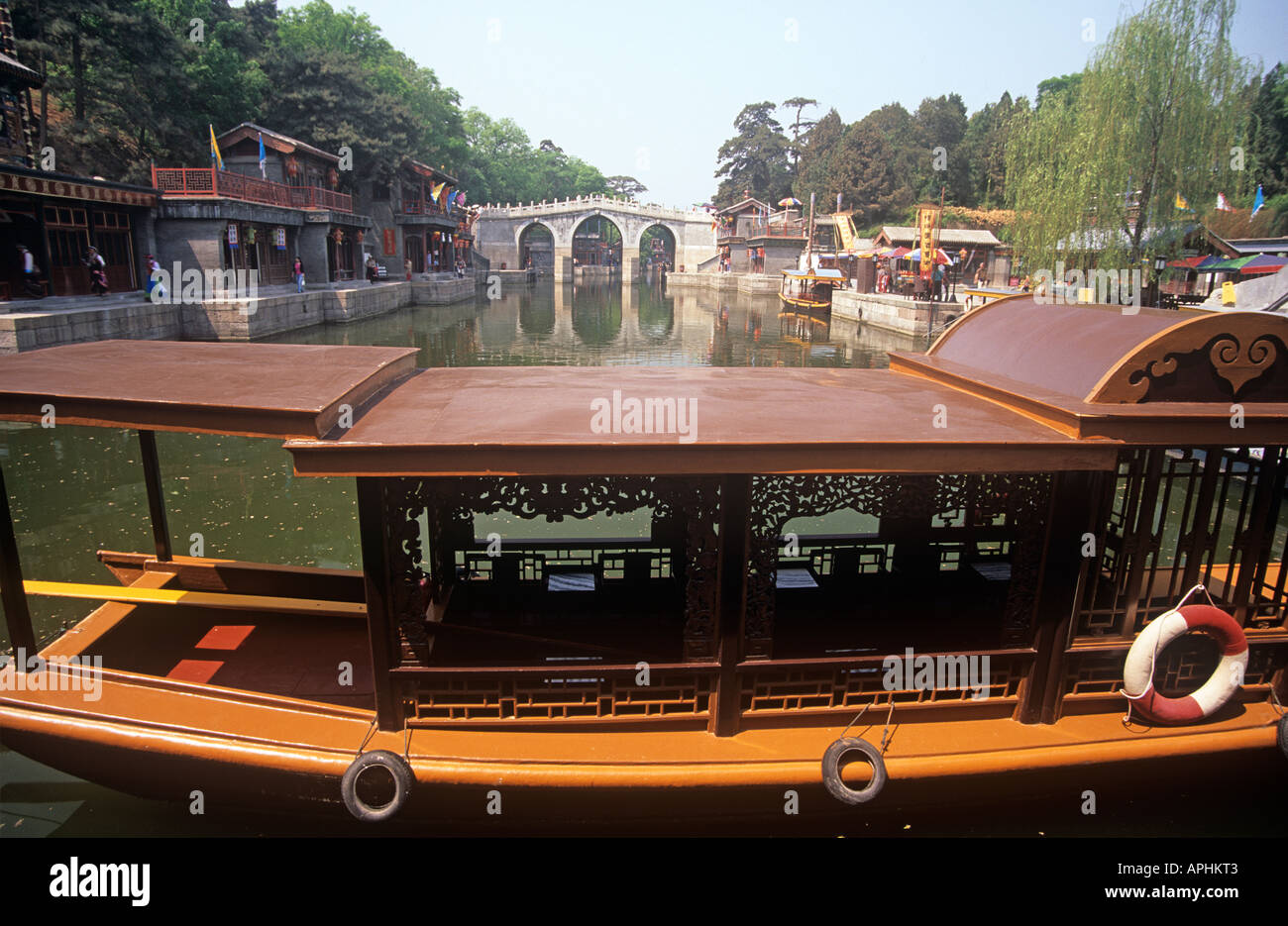 Tourist boat on waterway at Suzhou Street at the Summer Palace in ...