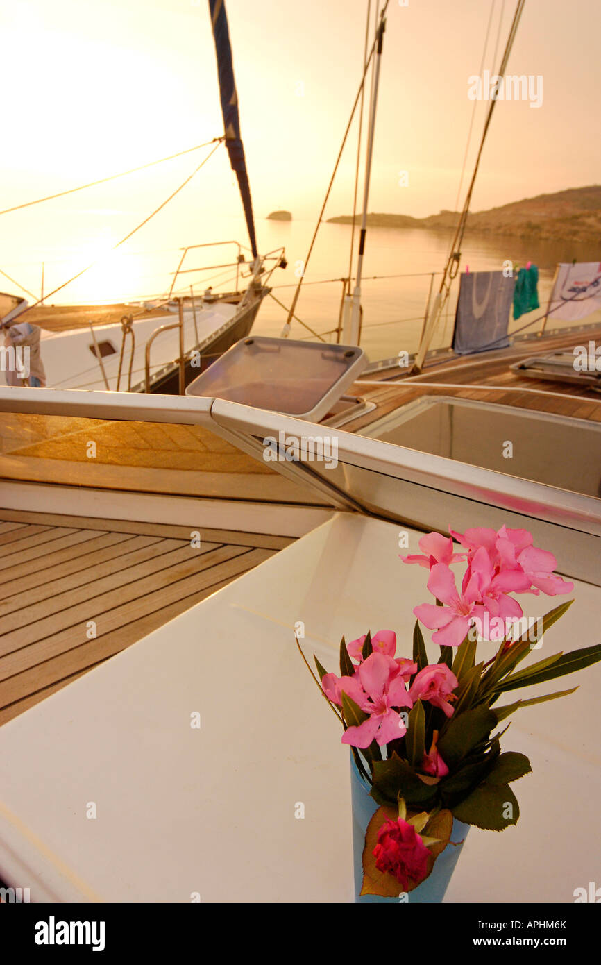 Dawn and flower on sailing yacht, Datca Peninsula, Turkey Stock Photo ...
