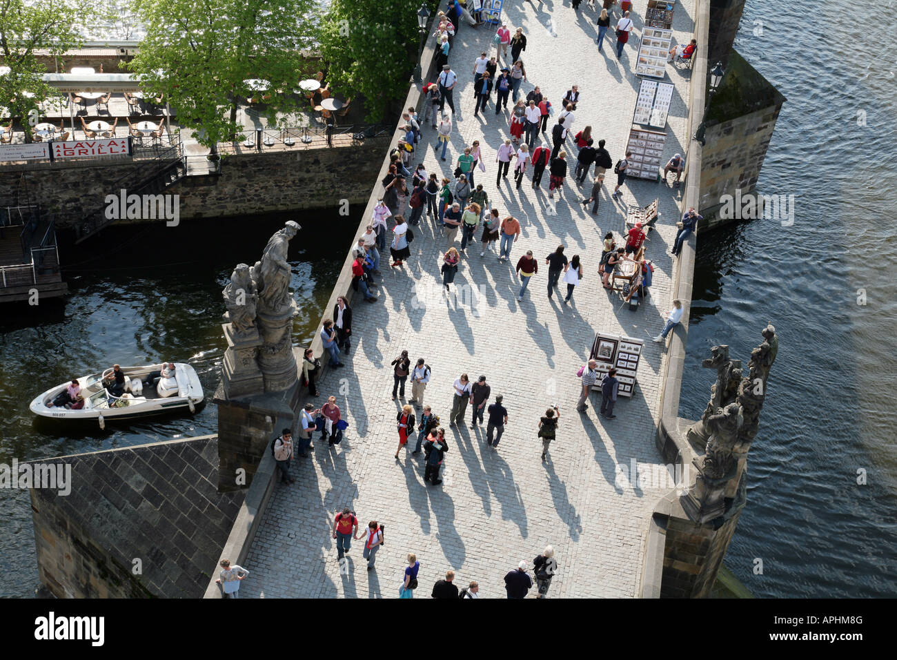 Prague bridge; Crowds crossing Charles Bridge, seen from above, Prague ...