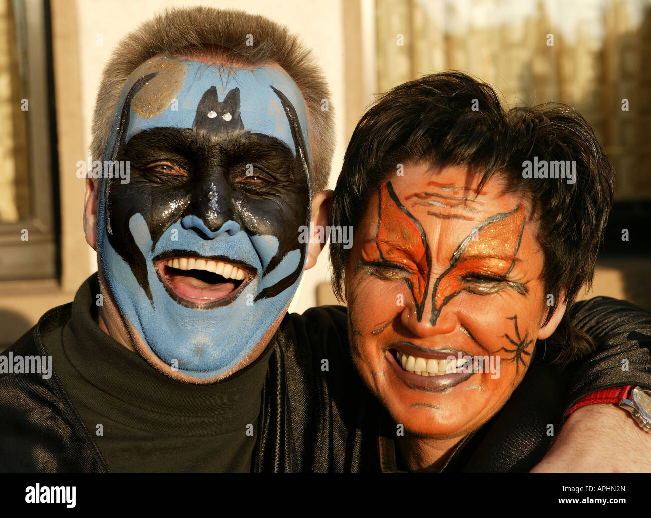 carnival bad man Spiderman two dressed up happy face fun sun orange ...