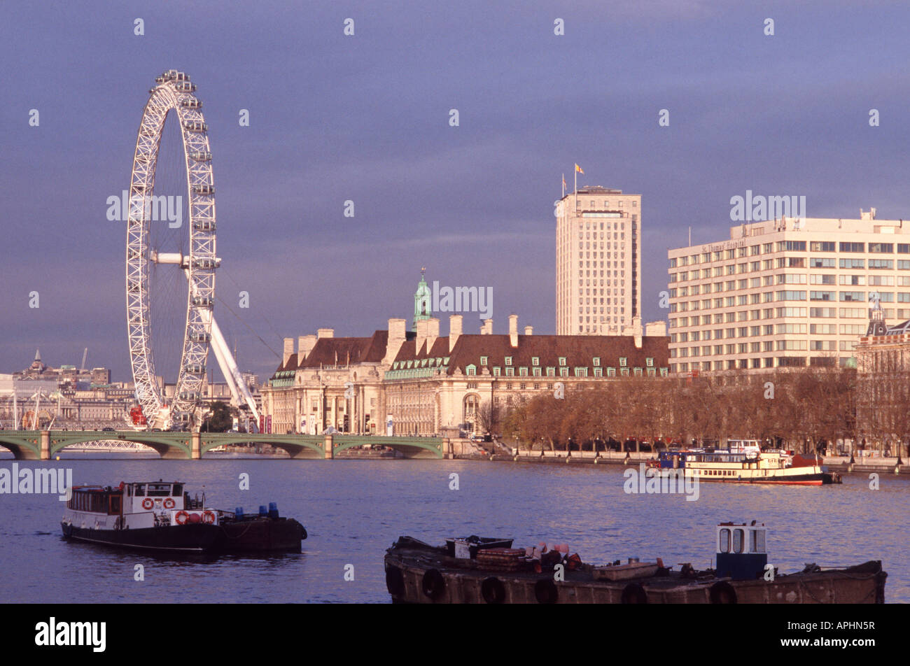 London's South Bank: London Eye, old London County Hall, Shell Tower ...