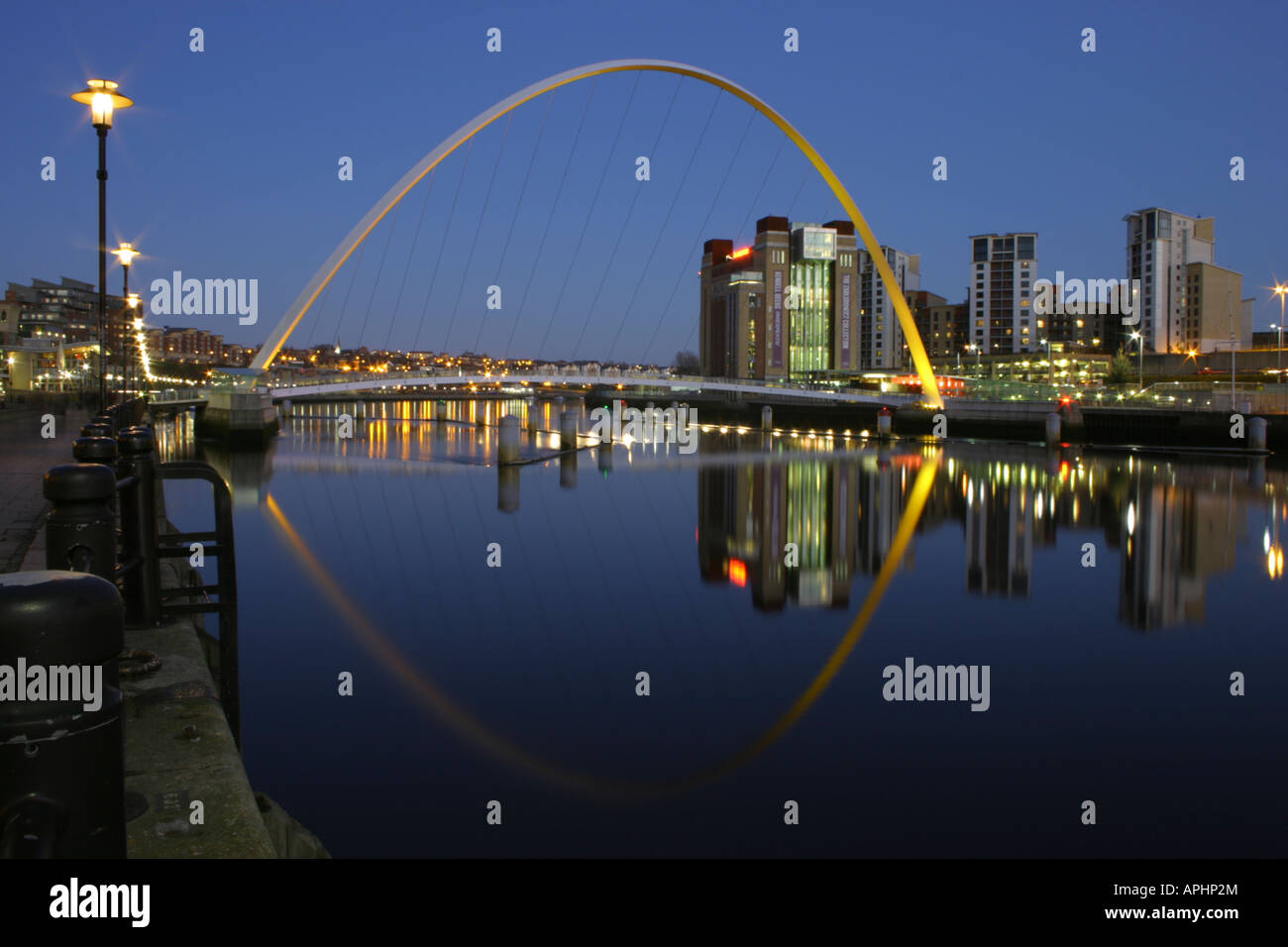 Newcastle-Gateshead Millennium Bridge at Dusk with Reflection in River ...