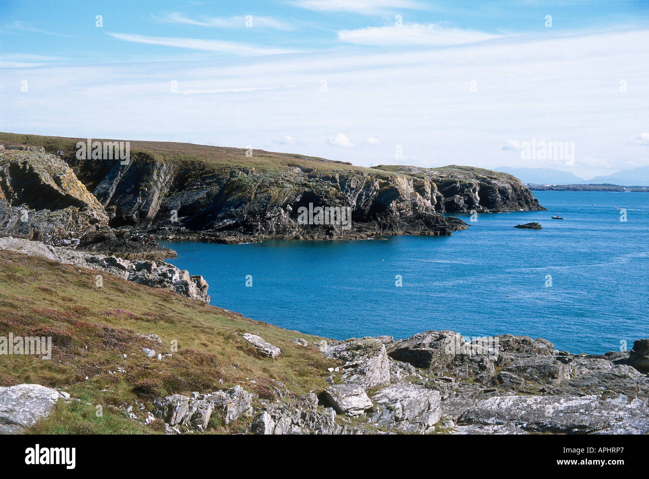Sea cliffs and coastline at Holyhead Island on the Isle of Anglesey ...