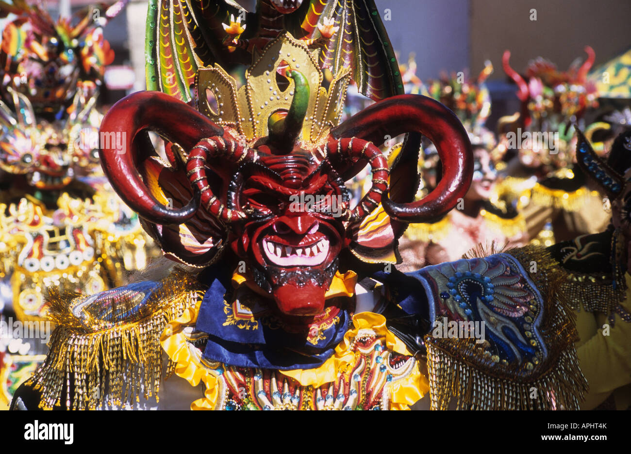 Portrait of a masked devil dancer during the Diablada dance, Oruro ...