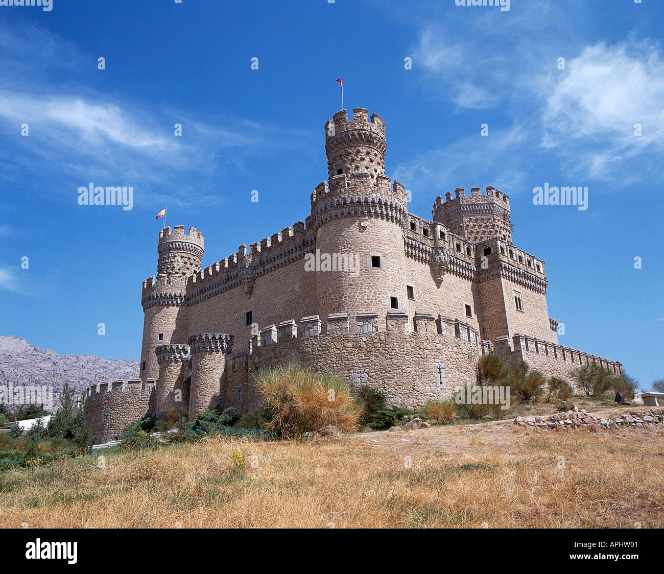 Exterior of restored 15th century castle at Manzanares El Real situated ...