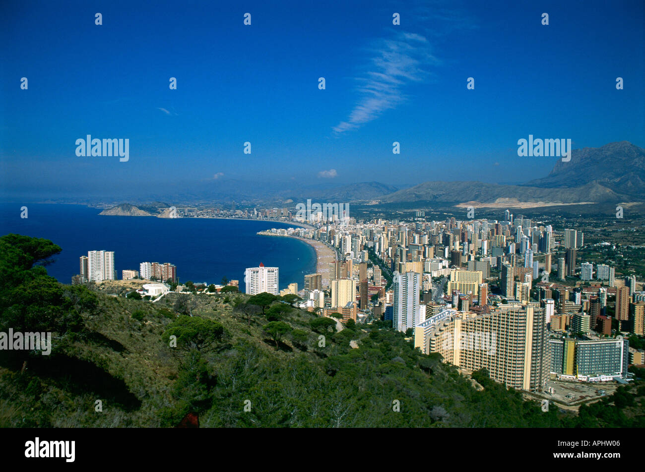 High rise hotels dominate the skyline of the coastal town of Benidorm ...