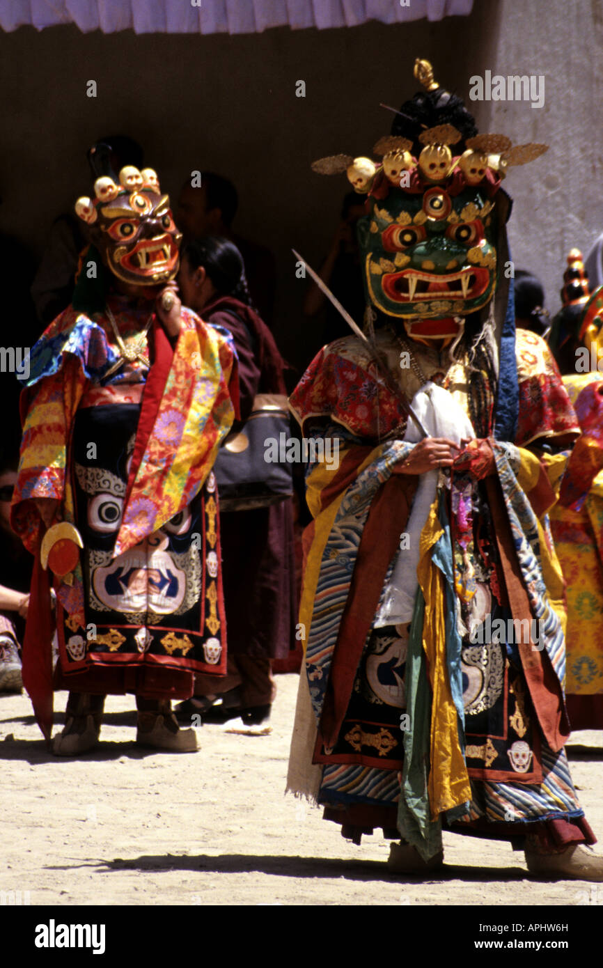 Traditional Tibetan masks used in a coloful festival in a monastery in ...
