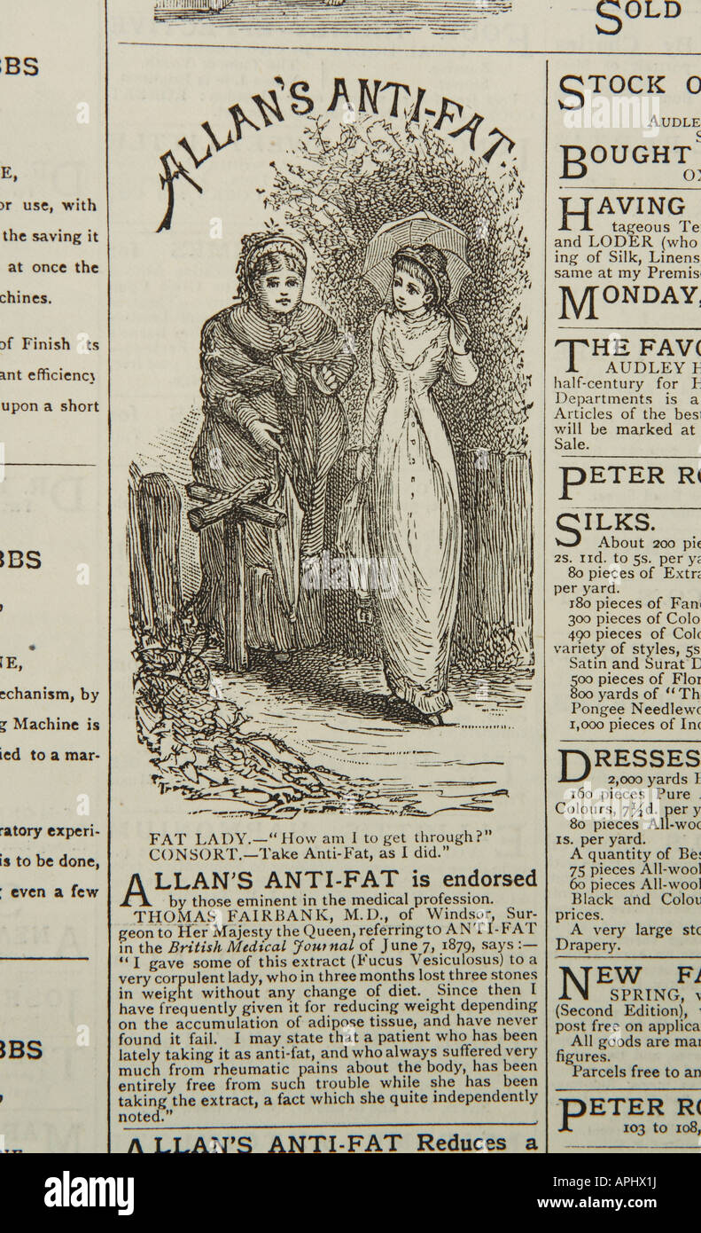 Victorian advert for Allan's Anti Fat treatment showing two ladies ...