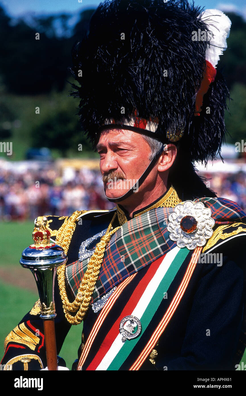 A World Pipe Bandsman in traditional dress including prominent busby in ...