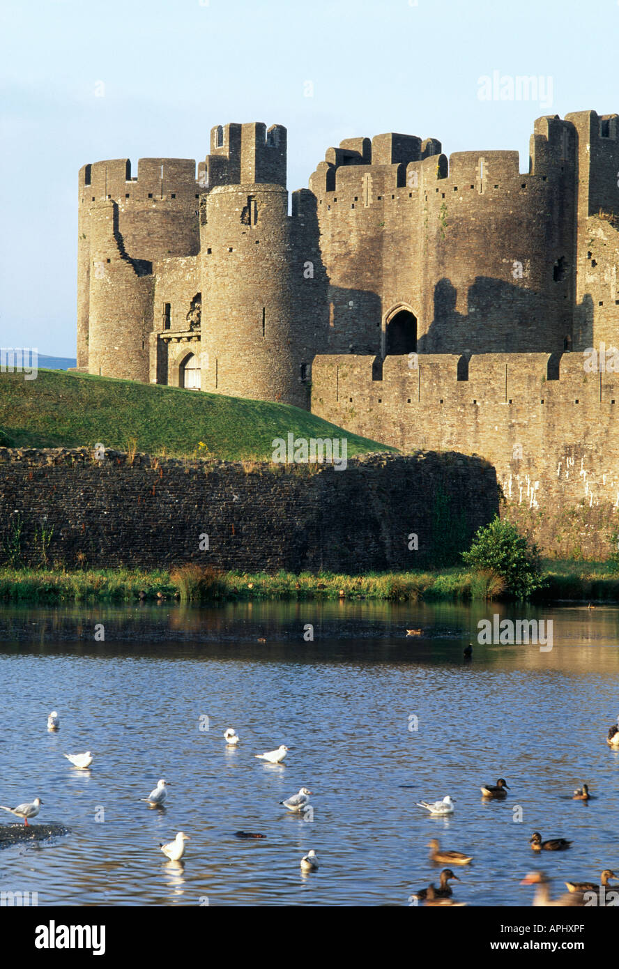 Caerphilly Castle and moat dating from the 13th century with large ...