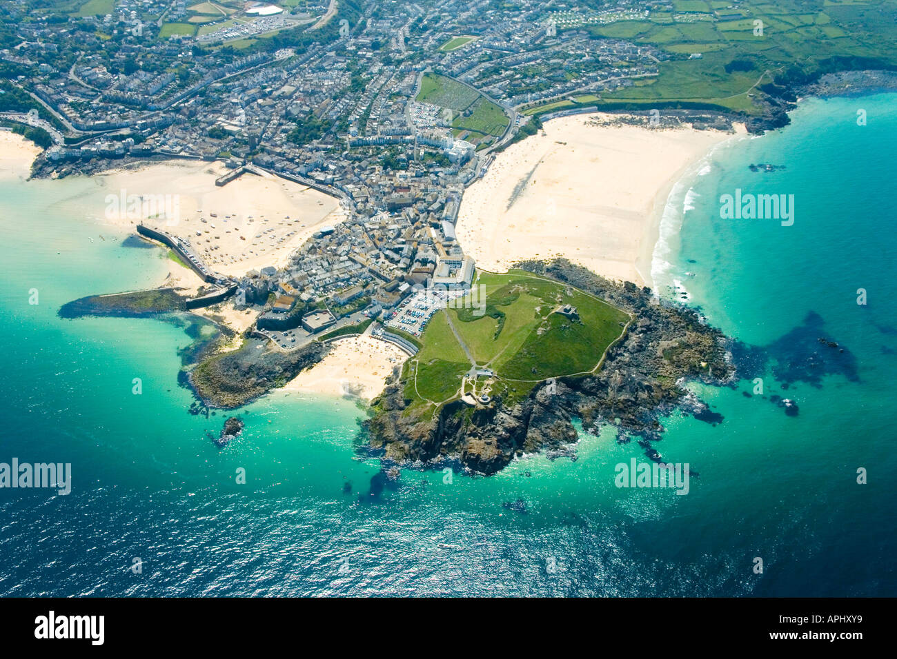Aerial scenic photograph of St Ives in summer sun sunshine West ...