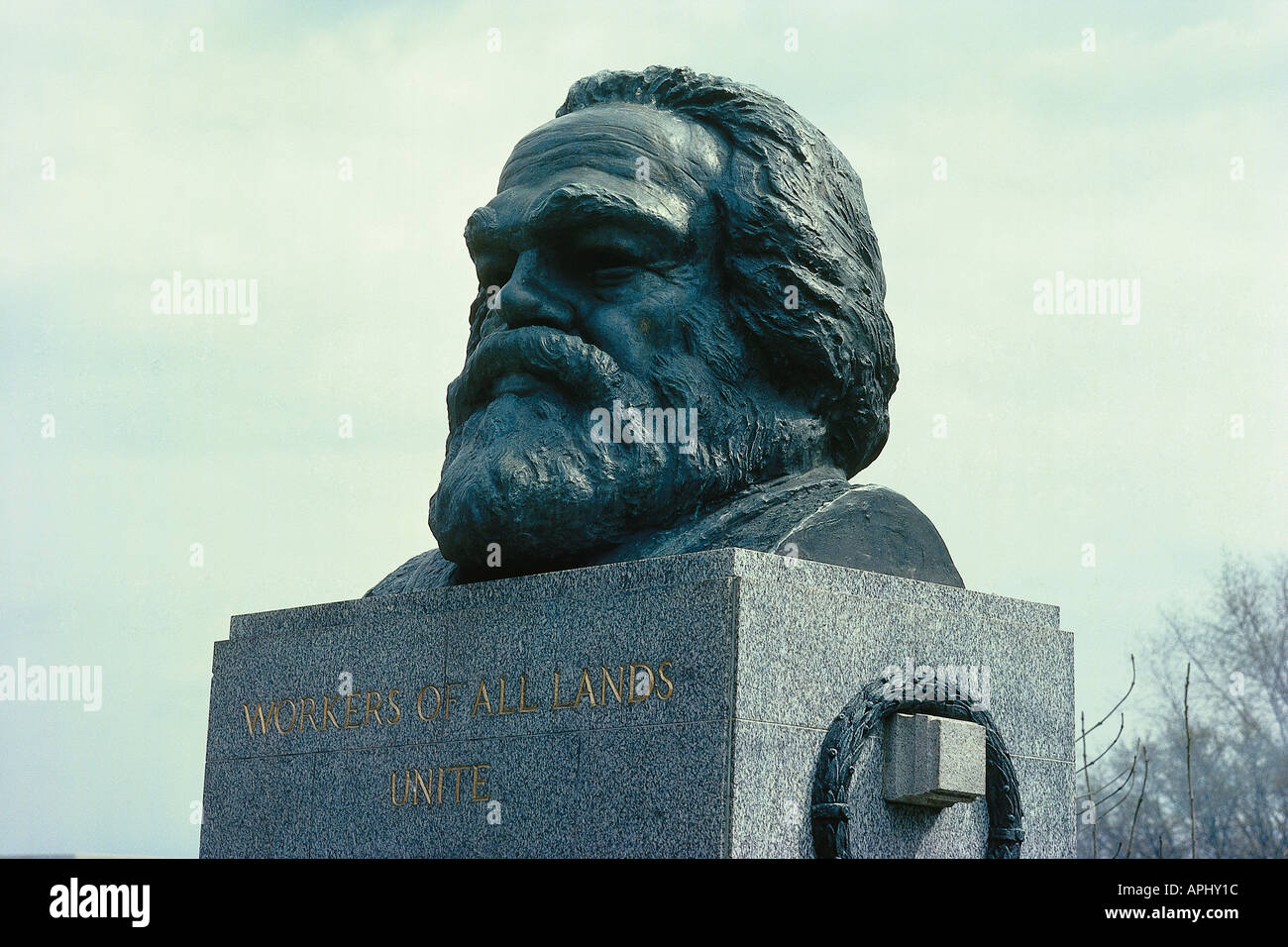 Detail of the bust of Karl Marx in Highgate Cemetery London where he ...