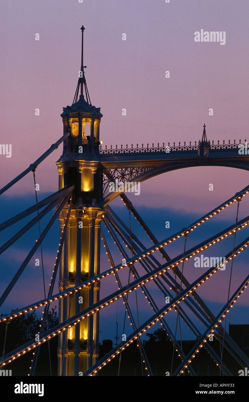 Detail of the Albert Bridge spanning the River Thames between Chelsea ...