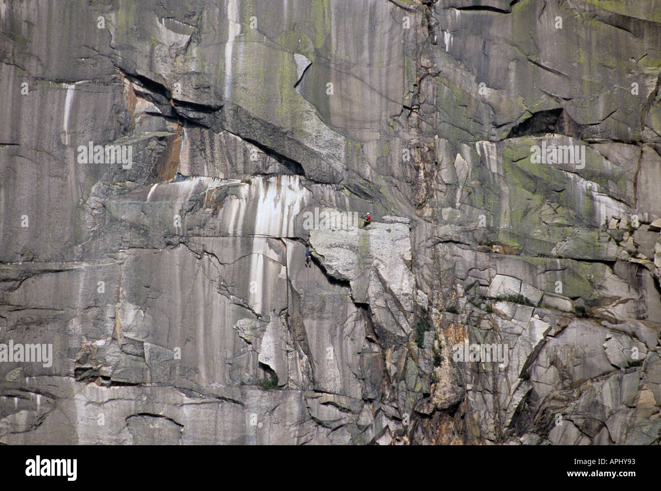 Rock climbers climb Cannon Cliff which is on the side of Cannon ...