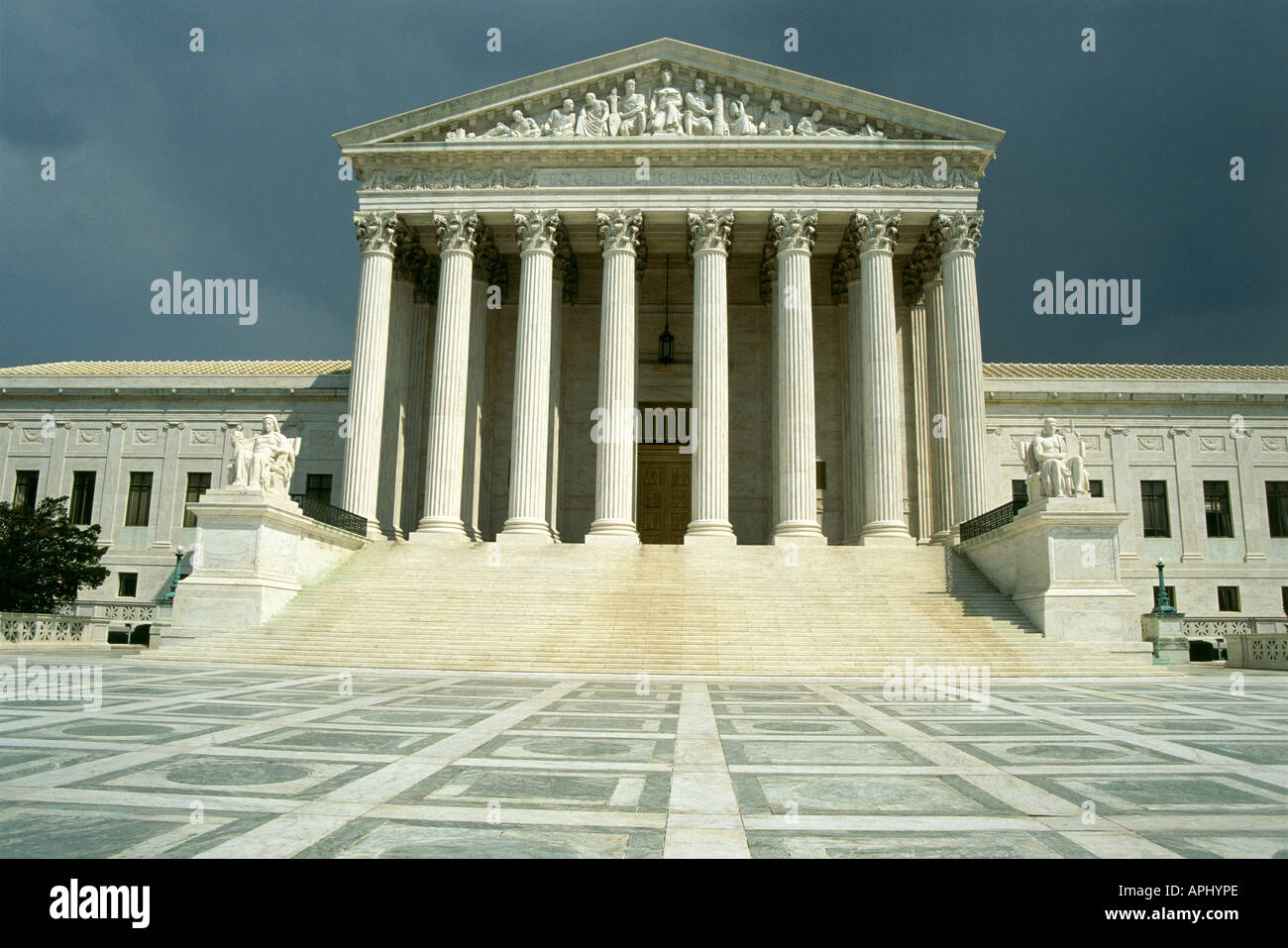 Two sculptures flanking the broad flight of steps leading to the ...