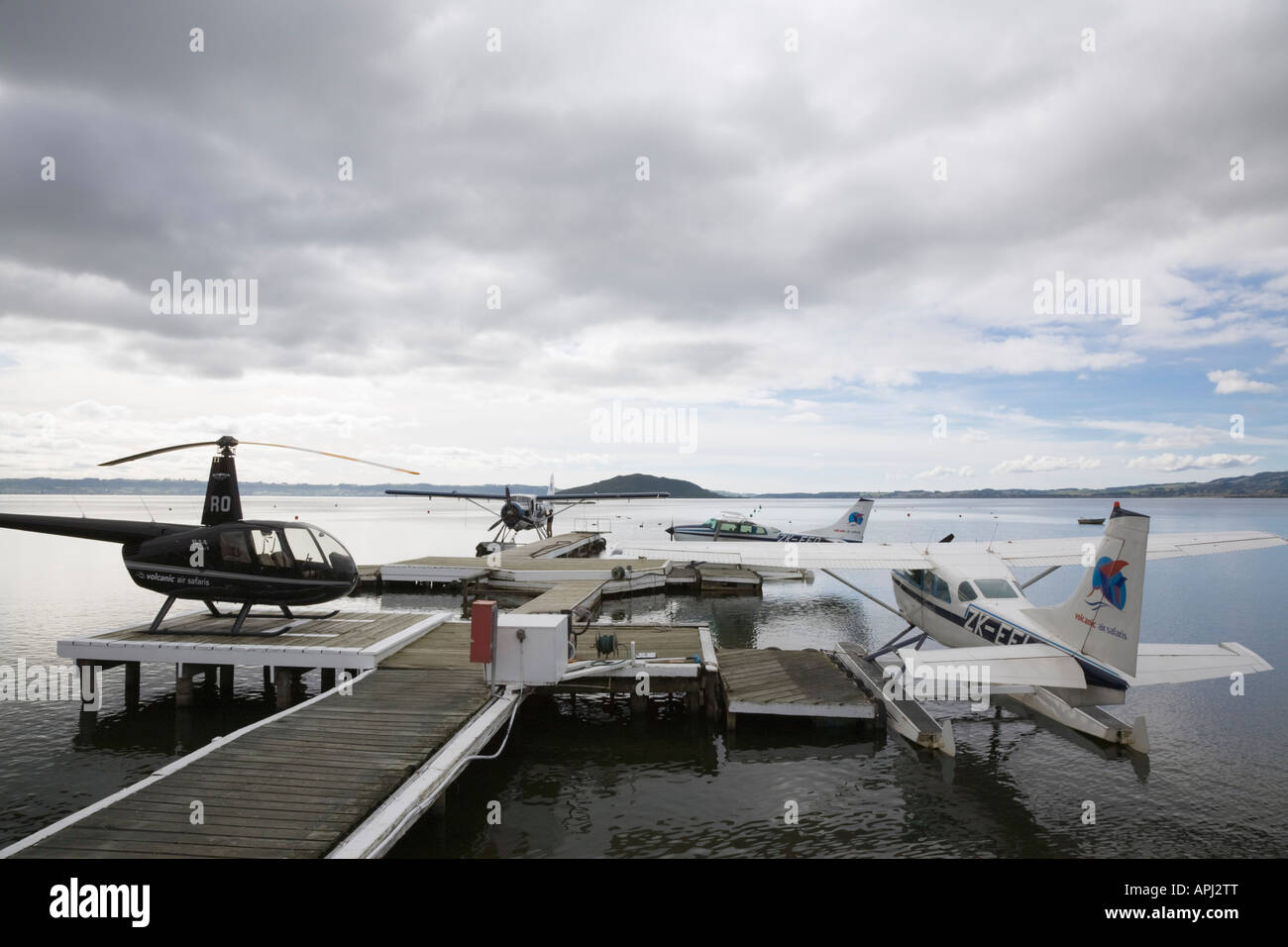 New Zealand Rotorua Lake with Volcanic Air Safaris helicopter and ...