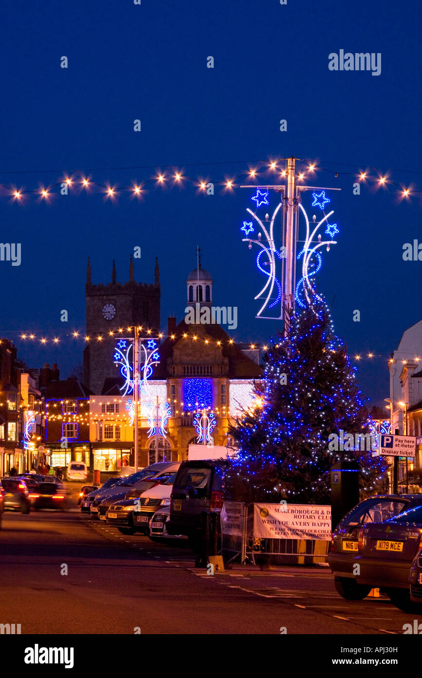 Christmas Street lights in Malrborough High Street, Wiltshire, England ...