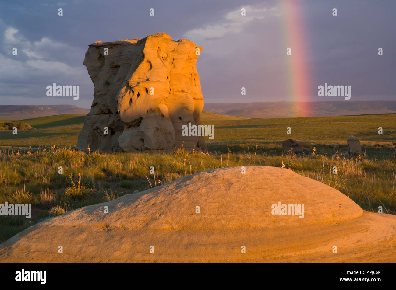 Rainbow and sandstone rock formation at Medicine Rocks State Park ...