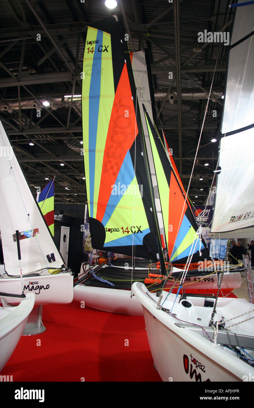 Topaz sailing dinghy on a stand at the london boat show Stock Photo - Alamy