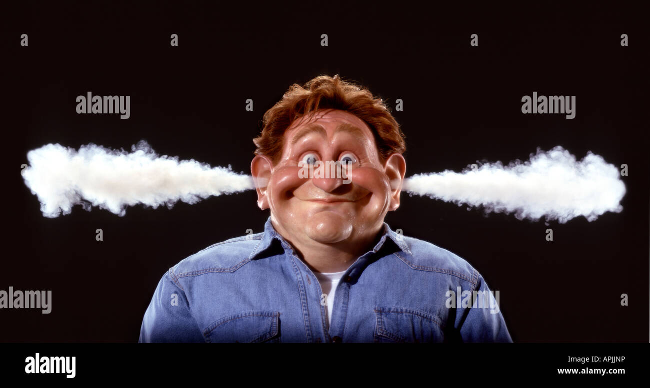 Character Smiling Man with steam coming from ears Stock Photo - Alamy
