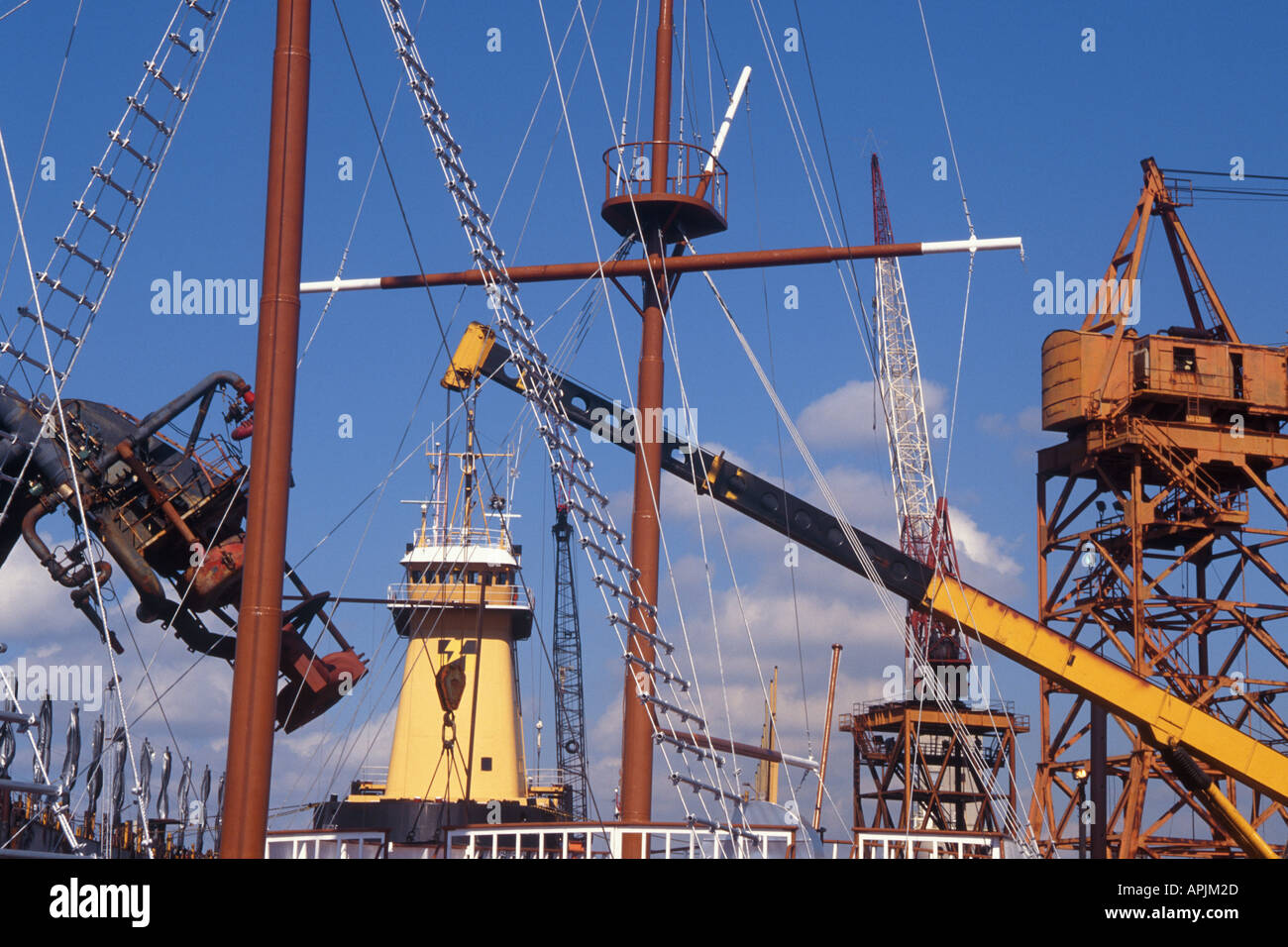 Ship deck, Shipping gantry crane. Close up of ship's deck, with ladders ...