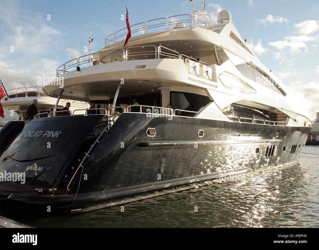 large luxury yacht moored at the quay at the London Boat Show Stock ...