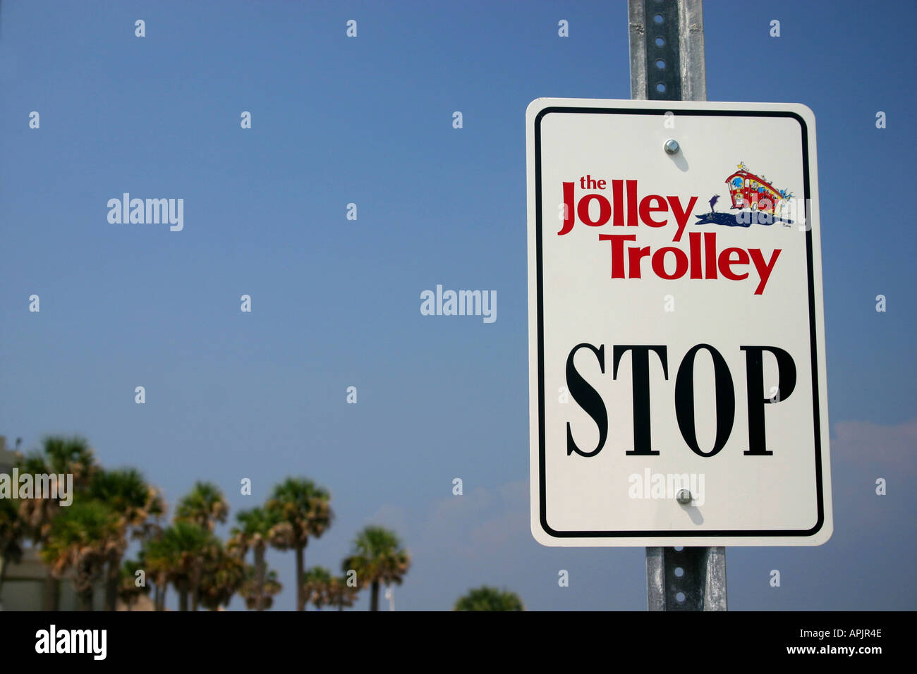 The Jolley Trolley Stop sign at Clearwater Beach sidewalk Florida ...