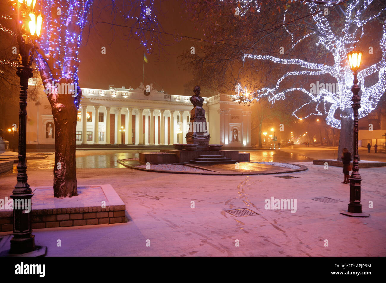 Pushkin Memorial and Odessa City Hall (Duma) during an evening ...
