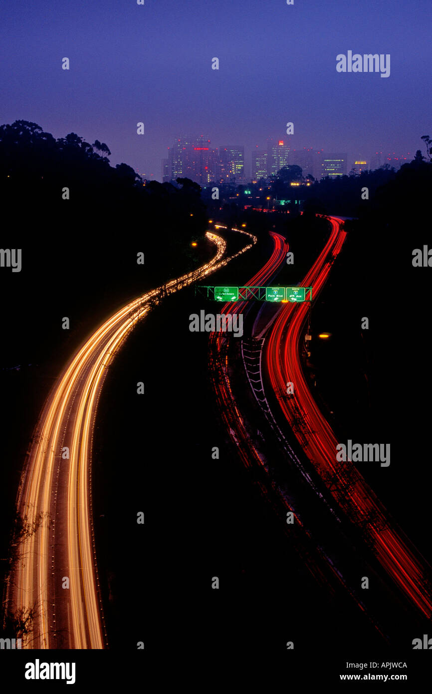 San Diego skyline shrouded in mist and highway #163 with traffic ...