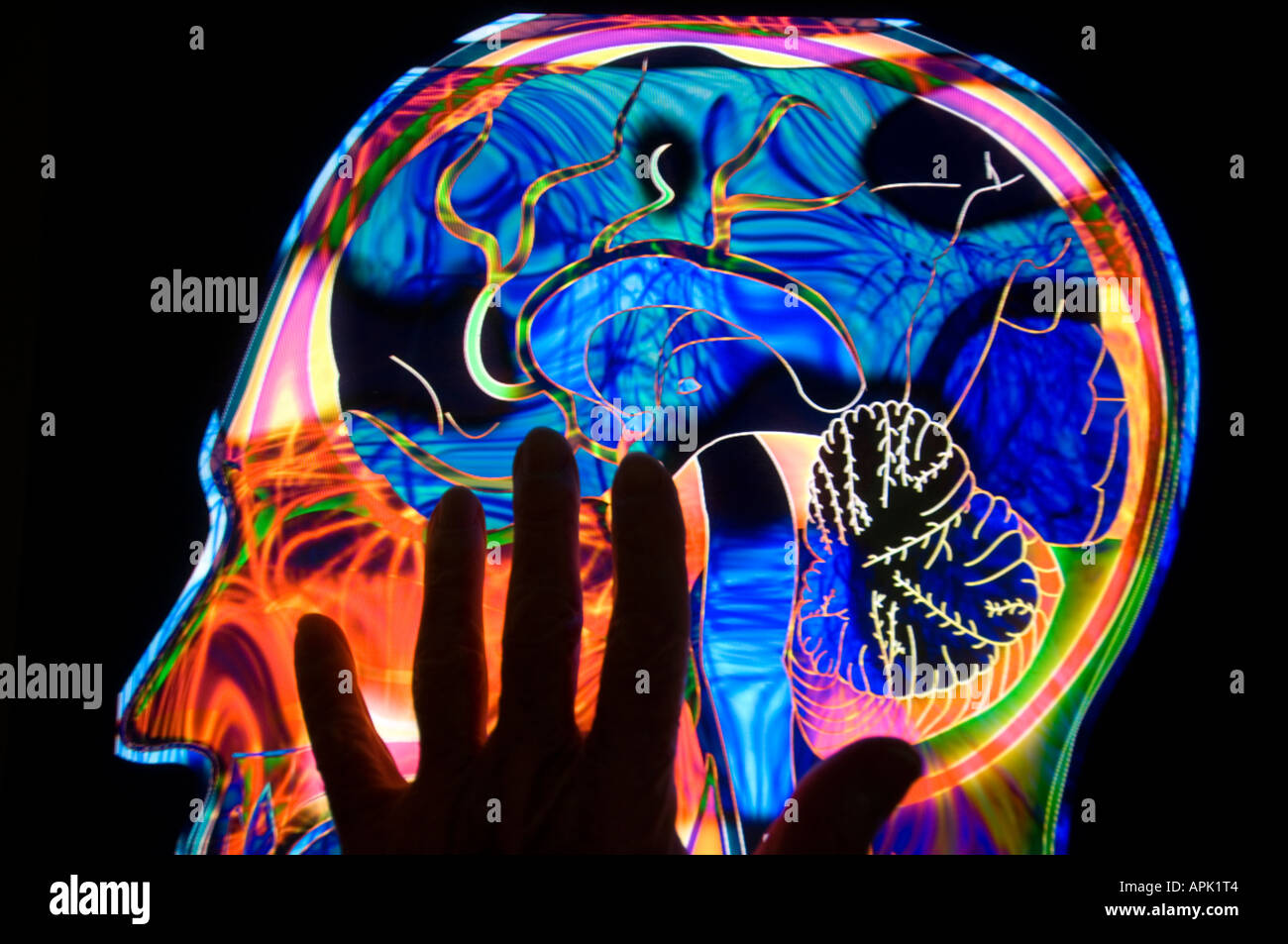 computer generated hand silhouetted against color display of human ...