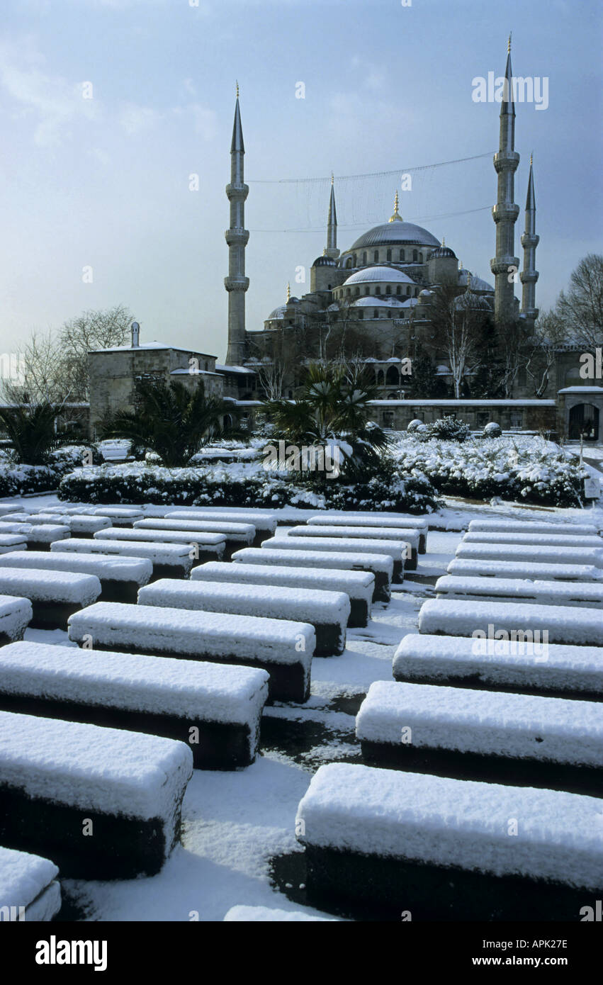 Turkey Istanbul Snow On The Blue Mosque With Its Six Minarets Stock ...