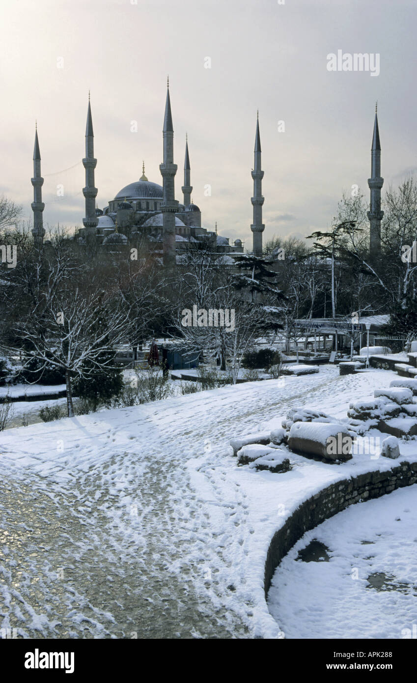 Turkey Istanbul Snow On The Blue Mosque With Its Six Minarets Stock ...
