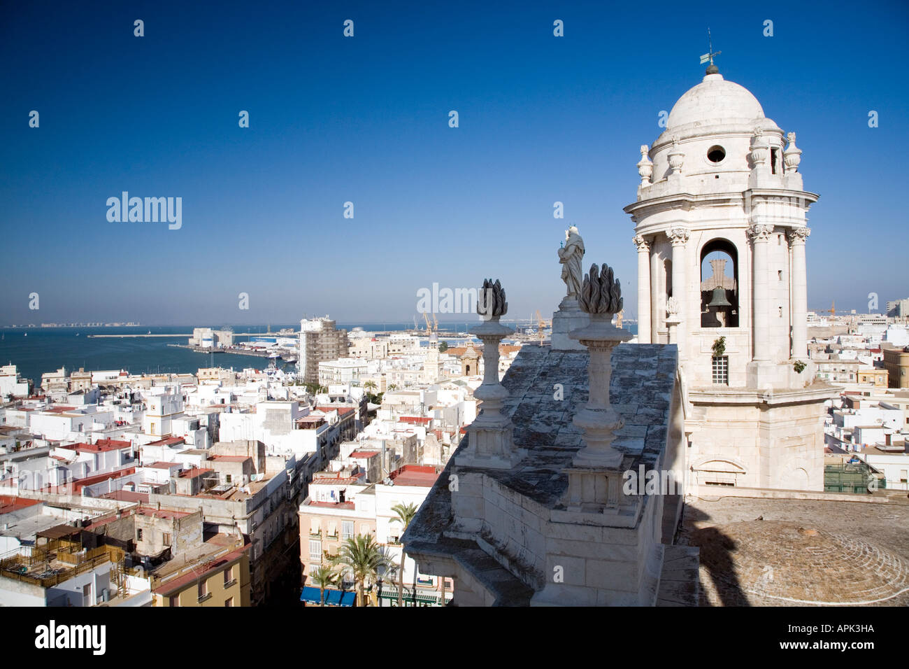 Aerial view of Cadiz On right one of Cathedral bell towers Stock Photo ...