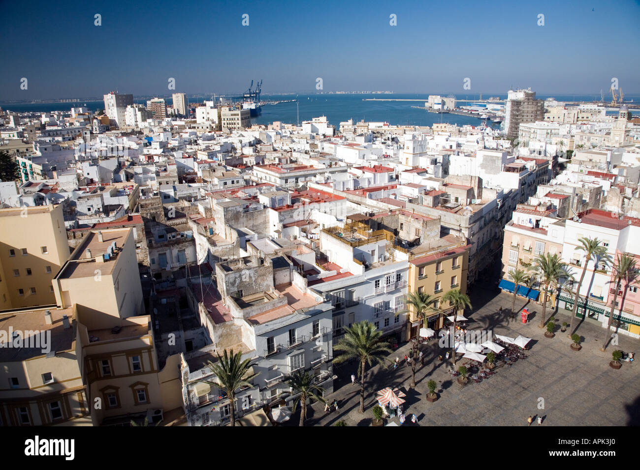 Aerial view of Cadiz from West Tower of Cathedral highest point in city ...