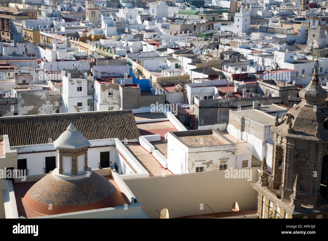 Aerial view of Cadiz from West Tower of Cathedral highest point in city ...