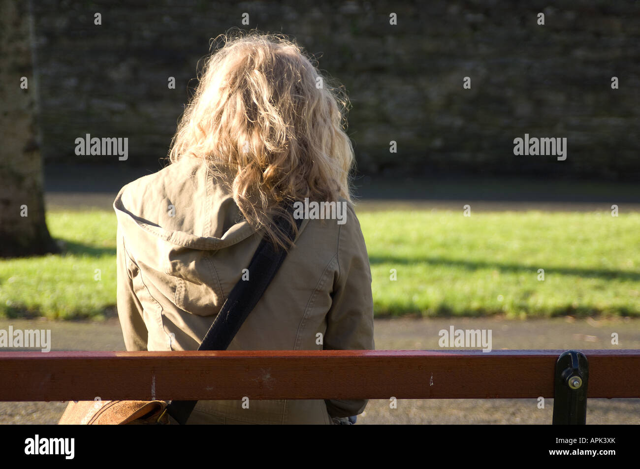 rear view young blonde woman sitting on park bench alone worried ...