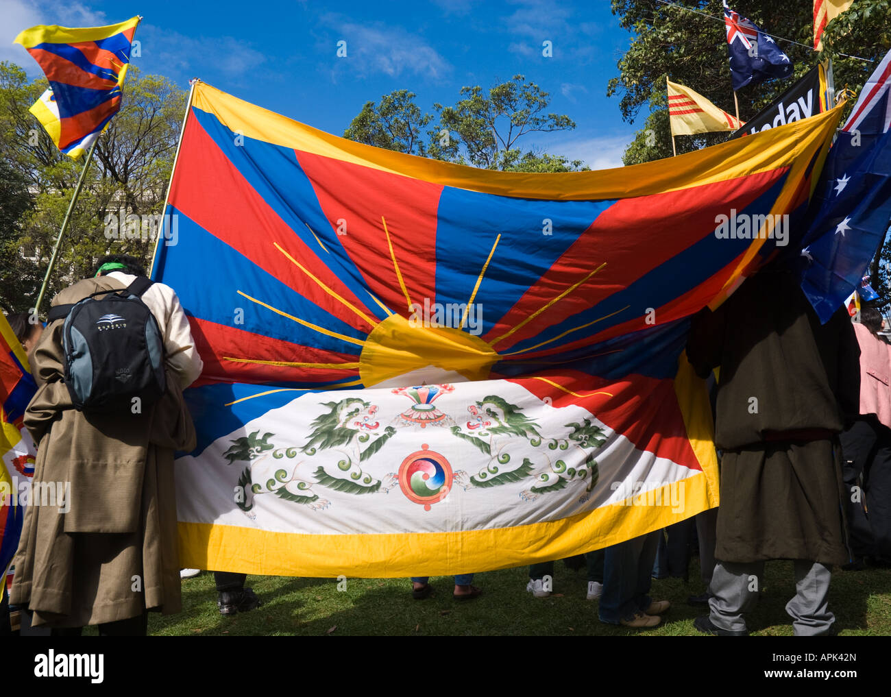 Tibetan flag at a protest against the persecution of Tibetan people by ...