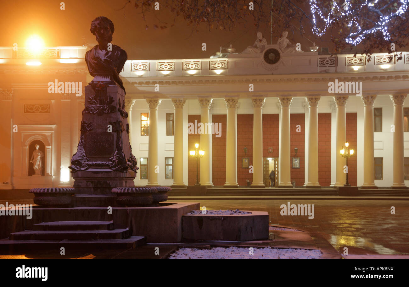 Pushkin Memorial and Odessa City Hall (Duma) during an evening ...