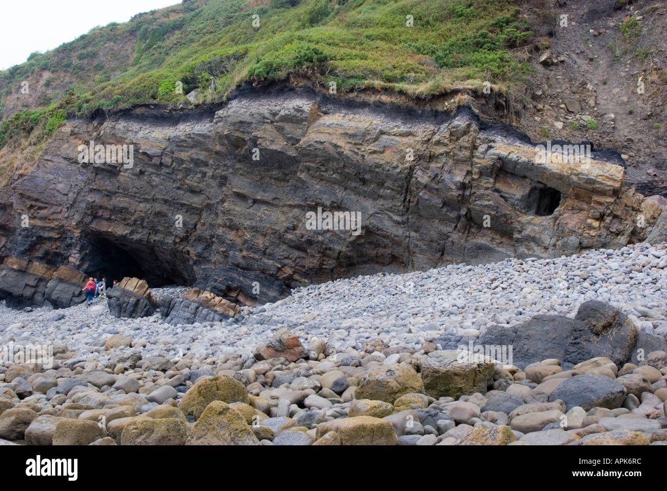 Seam of coal exposed in the cliffs at Amroth in Pembrokeshire Stock ...