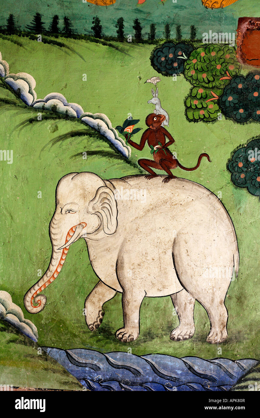 Wall painting depicting the Four Freinds inside Likir Gompa buddhist ...