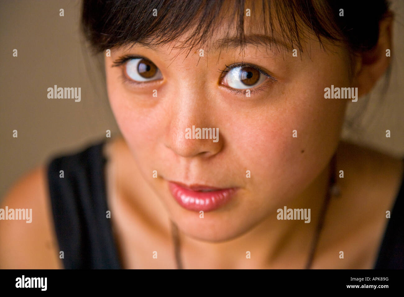 Close-up portrait beautiful asian oriental Chinese young woman big ...