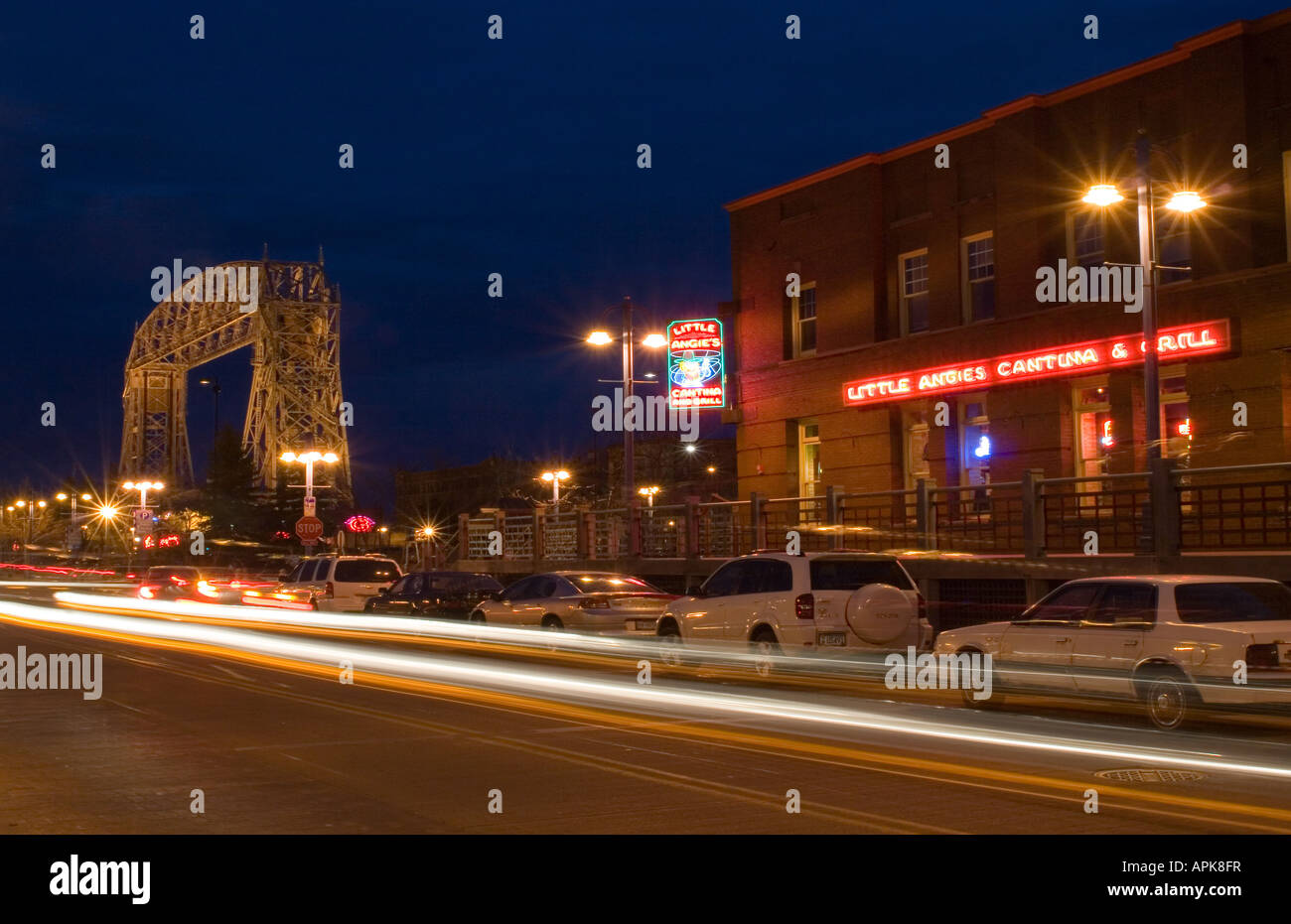 Night scene of Canal Park in Duluth, Minnesota with the aerial lift ...