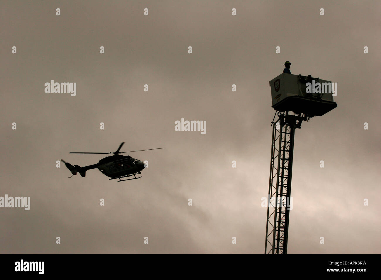 A flight for Life medical responding helicopter flying past the ladder ...