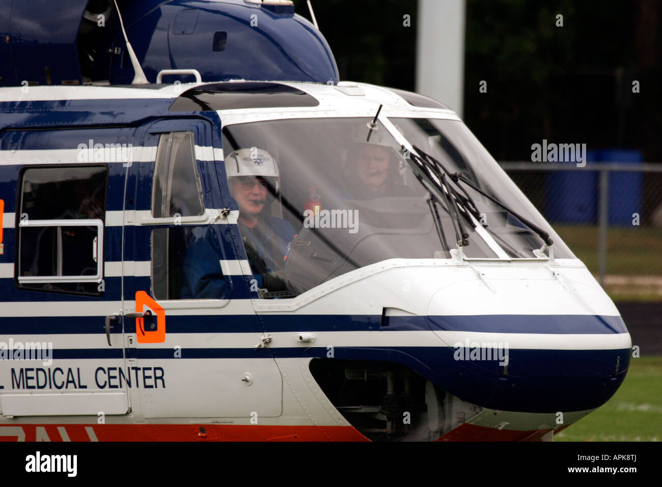 A flight for Life medical emergency helicopter landing at a scene with ...