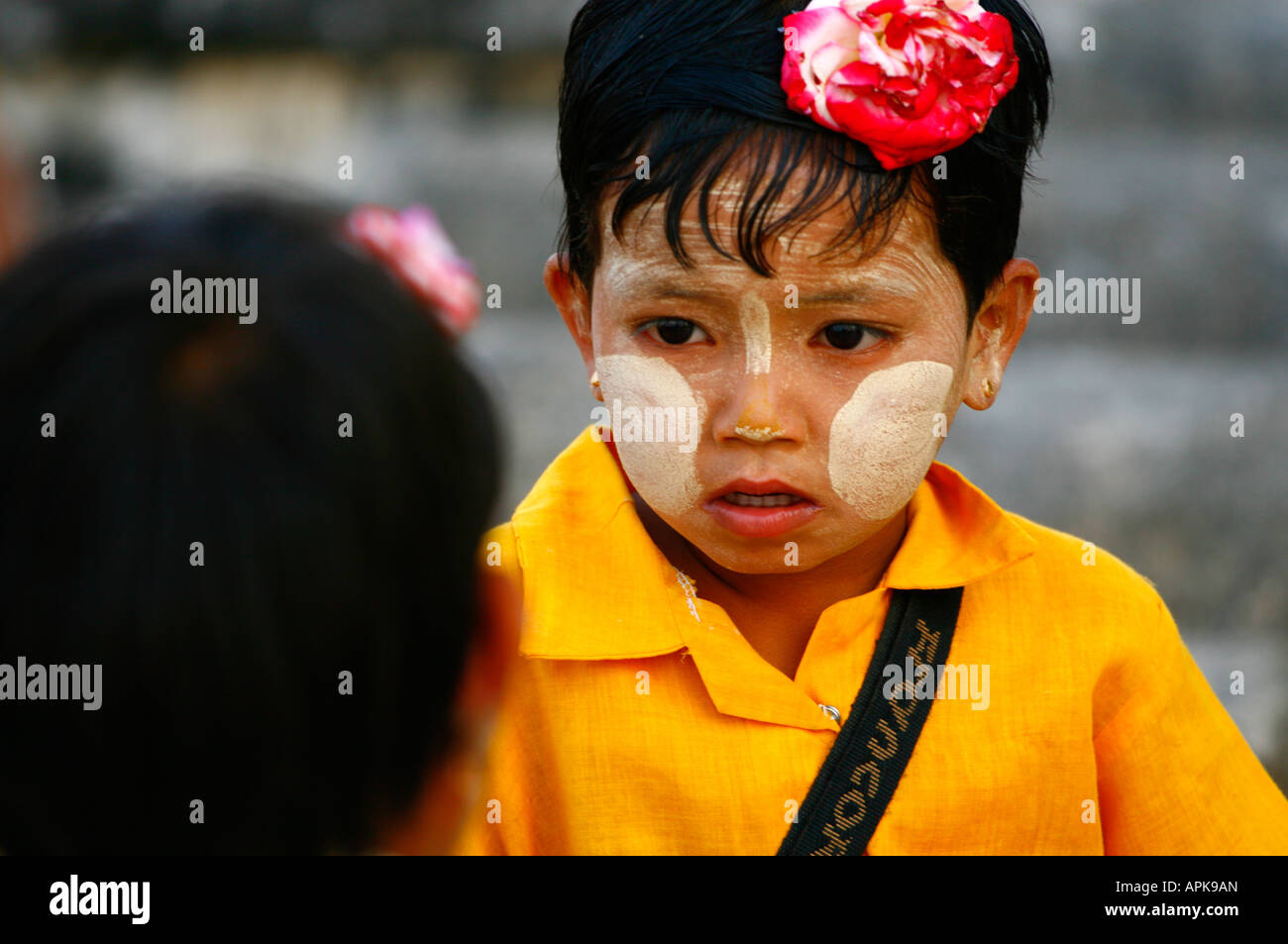 young Burmese Girl with traditional face paint made from the thanaka ...