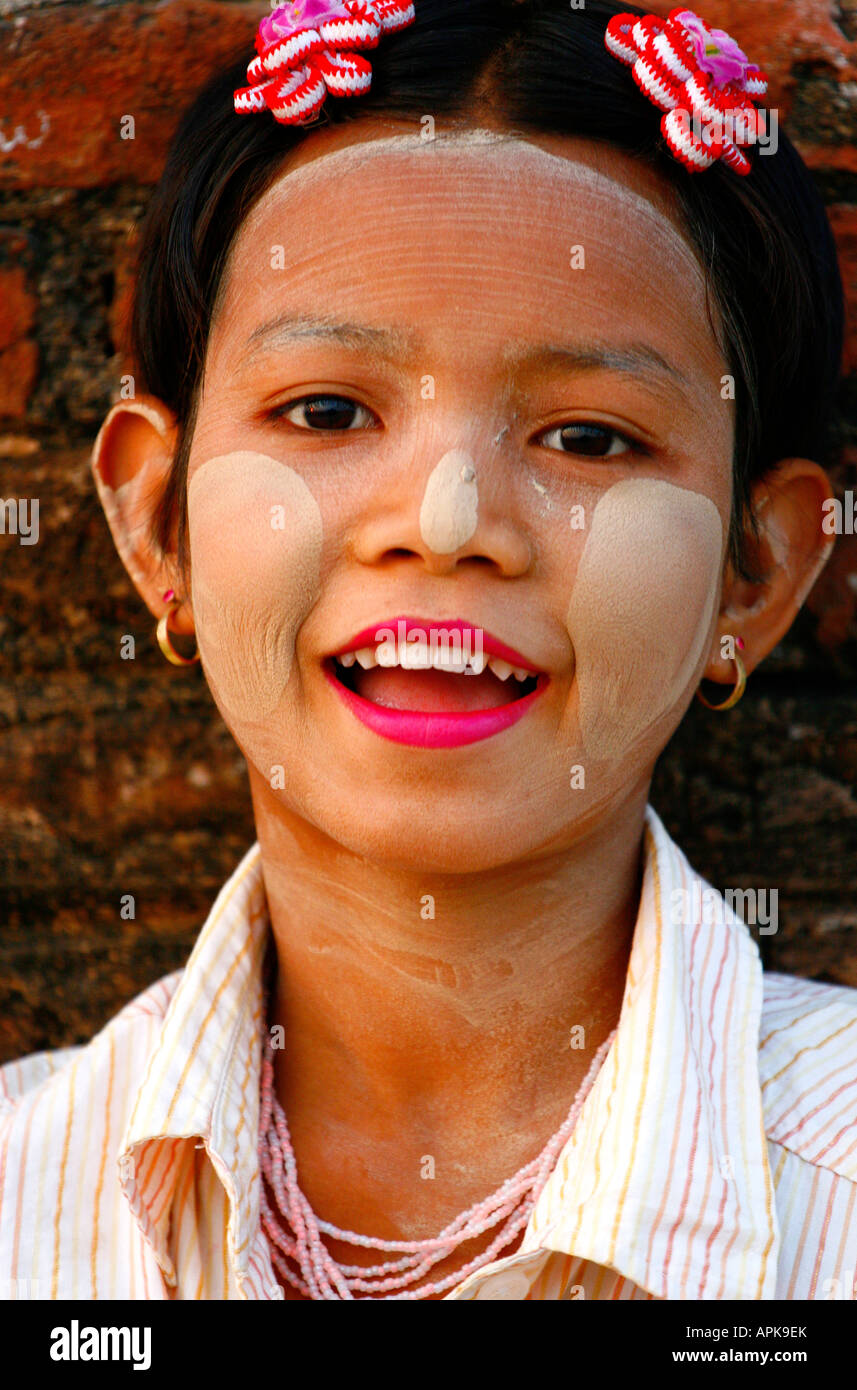 Burmese Girl with traditional face paint made from the thanaka plant ...
