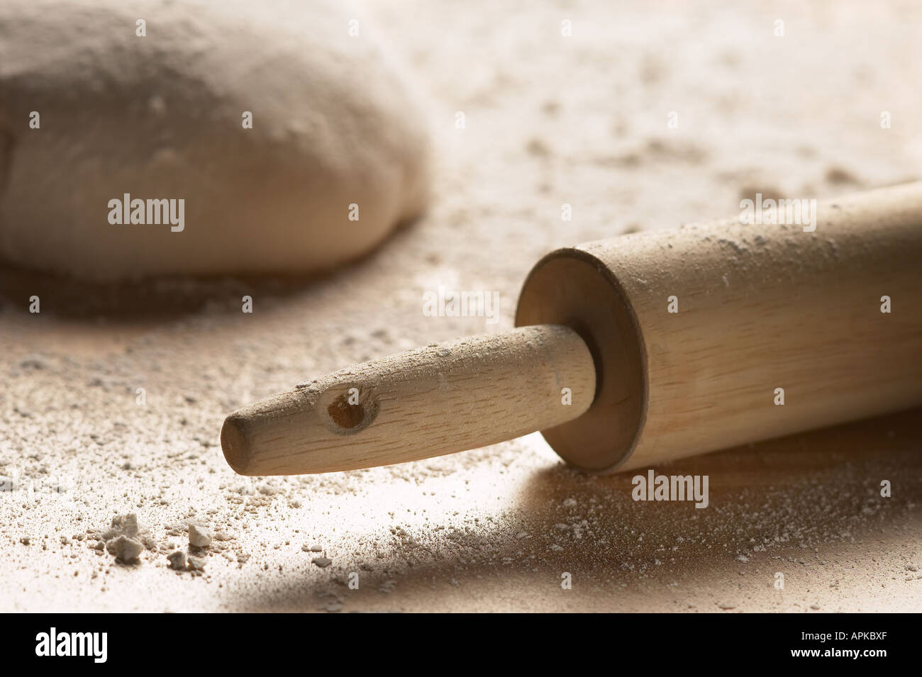 Bread Dough, Rolling Pin And Flour In Bakery Kitchen Still Life Stock ...