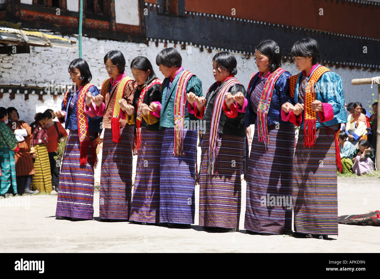 Tsechu-festival in the monastery Tamshing, dance of the girls, Bhutan ...