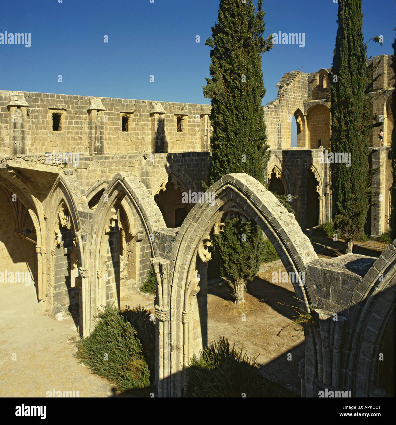 View inside the walls of the ruins and archways of the famous Bellapais ...